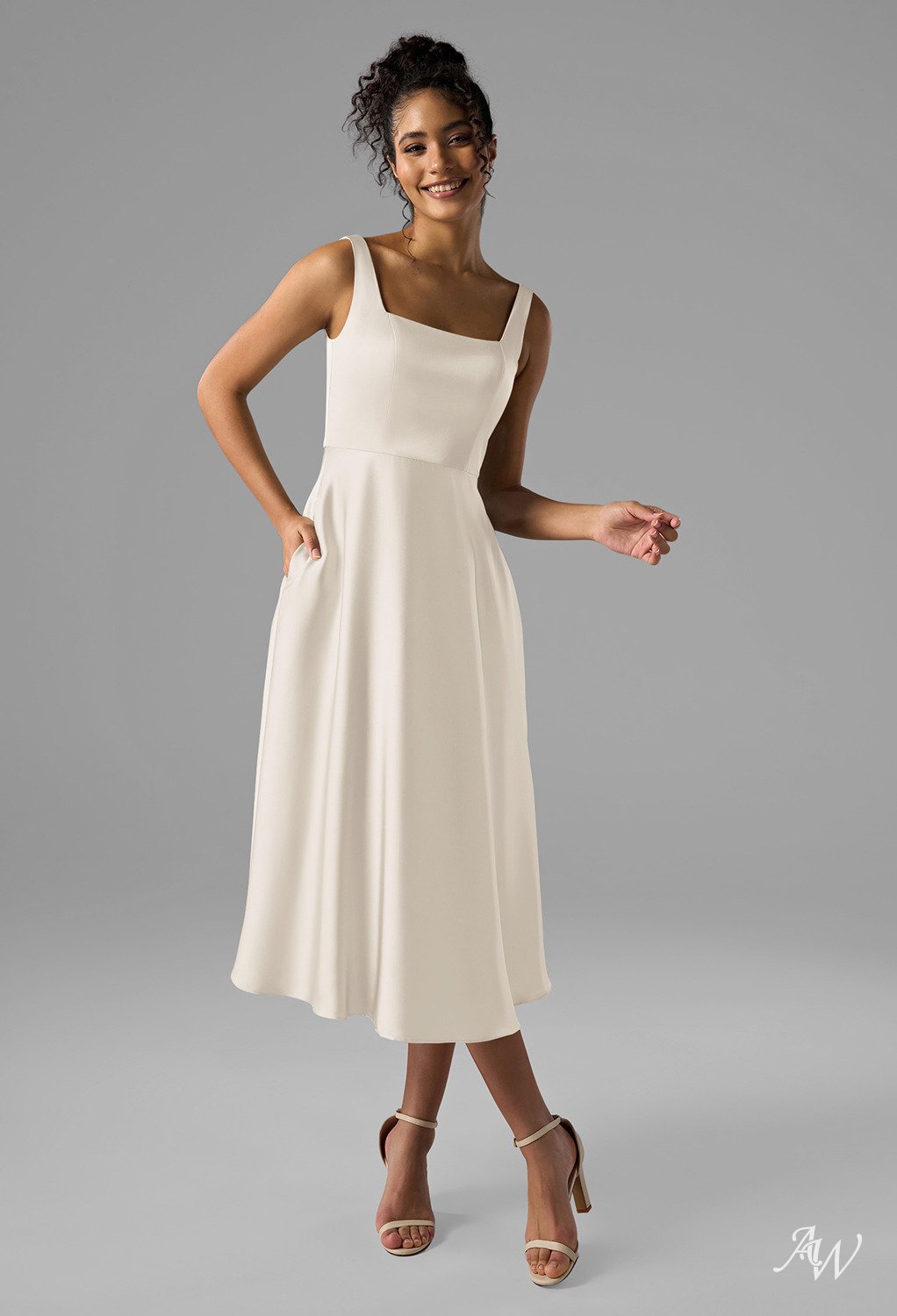 AW Asa Dress, Sage Green Crystal Satin Satin Charmeuse Tea Length Square Neckline Bridesmaid ...